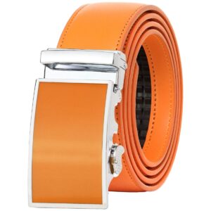 falari leather dress belt ratchet belt holeless automatic buckle adjustable size 8001 (8801 orange, fit from 28 to 36")