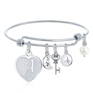 heart charm bracelets for women - initial charm engraved letter a initial bracelet stainless steel expandable charms bangle bracelets birthday jewelry gifts for women teen girls bridesmaids gifts