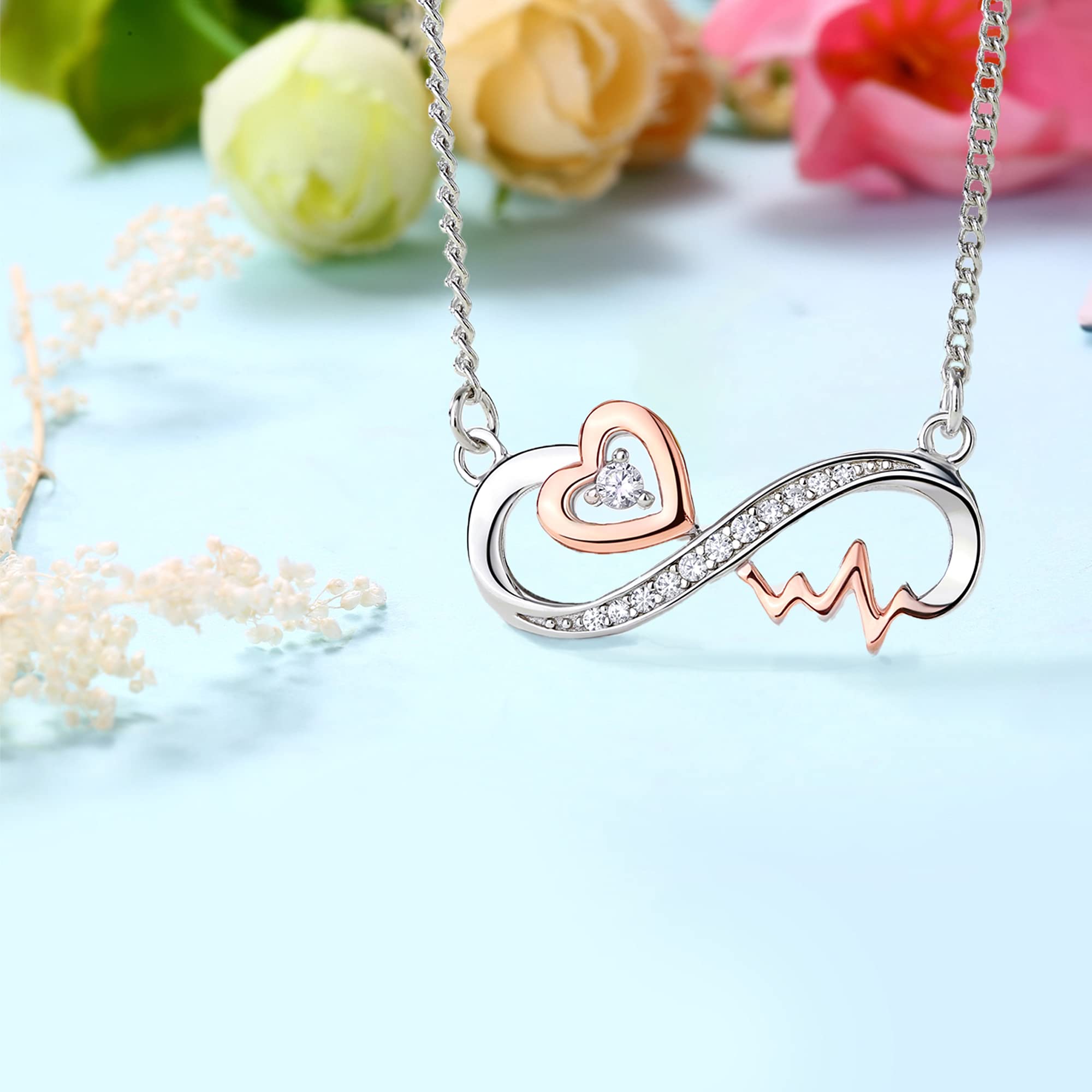 Forever Love Heart Rose Gold 925 Sterling Silver Rn Practitioner Nurse Infinity Heartbeat Pendant Necklaces for Women Nursing Graduation Jewelry Wife Girlfriend Valentine Mother Day Christmas Gifts