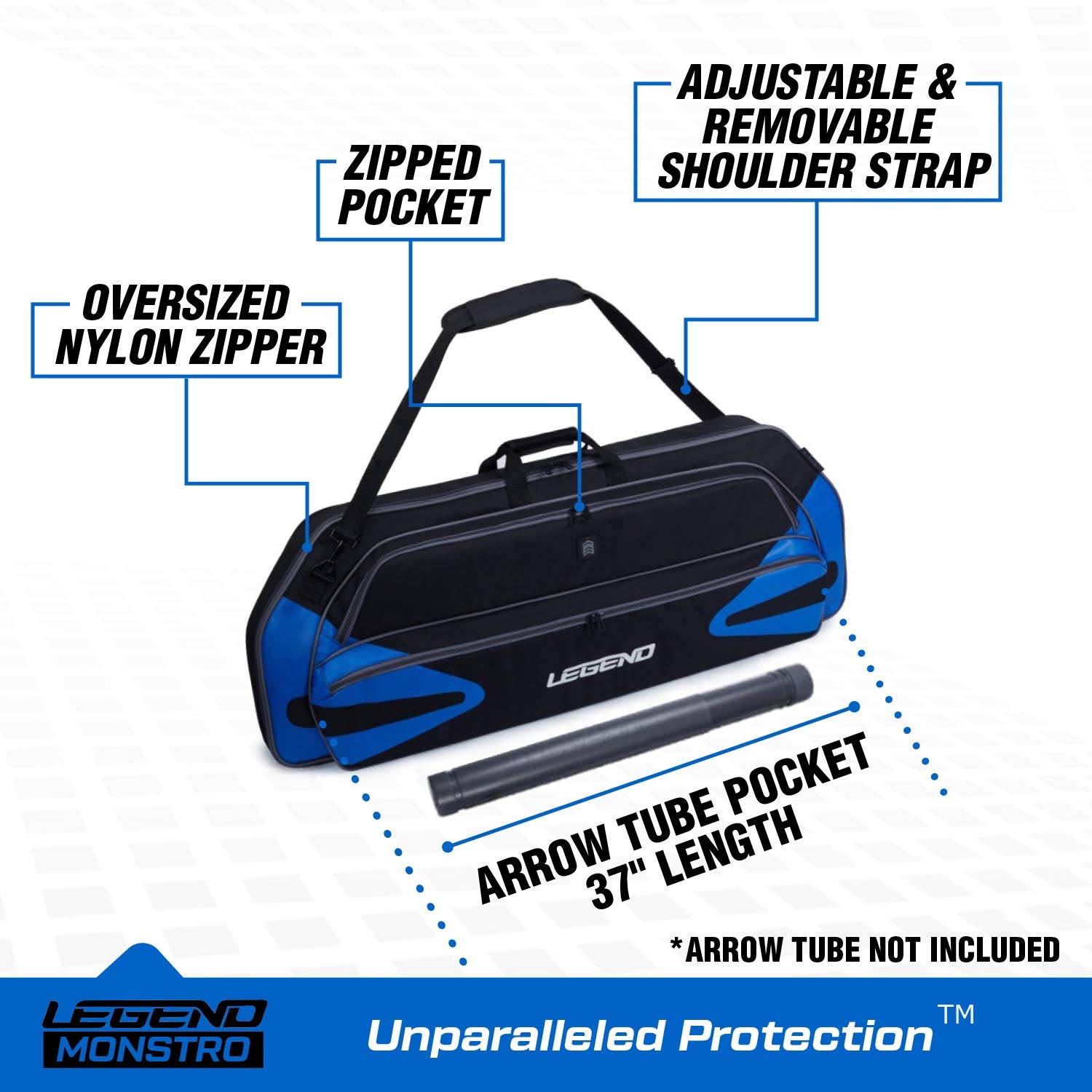 LEGEND Monstro Professional Soft Compound Bow Case - Travel Archery Case with Shoulder Strap, Foam Padding & Safe Storage for Archery Accessories -37" Arrow Tube Holder Pocket, 44" Interior-Black/Blue