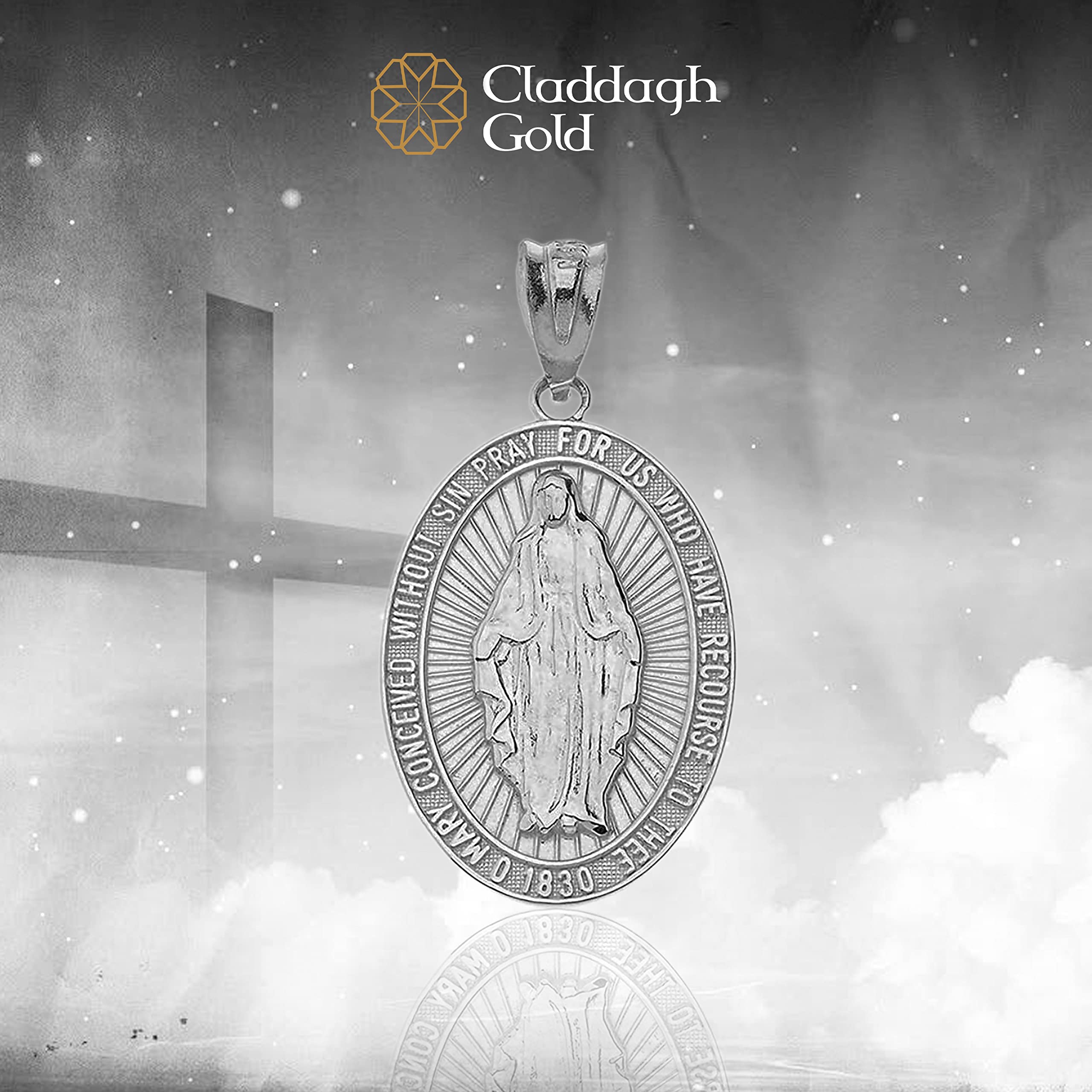 Claddagh Gold .925 Sterling Silver Miraculous Medal of Blessed Virgin Mary Catholic Pendant Charm