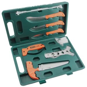 accusharp hunting kit, 9 piece processing kit with 3 hunting knives, bone saw, ribcage spreader, zip ties, gloves & knife sharpener, complete game processing kit with case