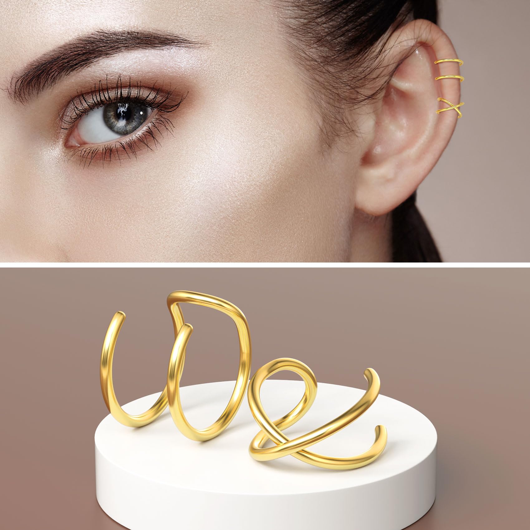 PAGOW 4x Fake Helix Ear Cuff Cartilage Earring No Piercing Earcuff, 925 Sterling Silver,14K Simple Criss Cross Double Lines Adjustable Minimalist Women Men Clip On adornment Gifts 2 styles (GOLD)