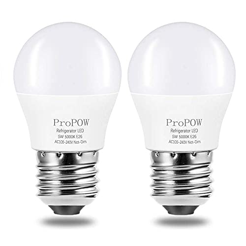 ProPOW LED Refrigerator Light Bulb, 120V A15 Fridge Bulbs 5 Watt White 5000K E26 Medium Base, Energy Saving Ceiling Home Lighting, Not-Dim, 2 Pack