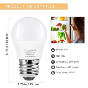 ProPOW LED Refrigerator Light Bulb, 120V A15 Fridge Bulbs 5 Watt White 5000K E26 Medium Base, Energy Saving Ceiling Home Lighting, Not-Dim, 2 Pack