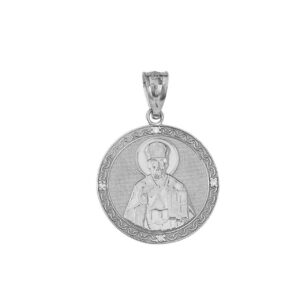 sterling silver catholic patron st. saint nicholas cubic zirconia round medal religious pendant