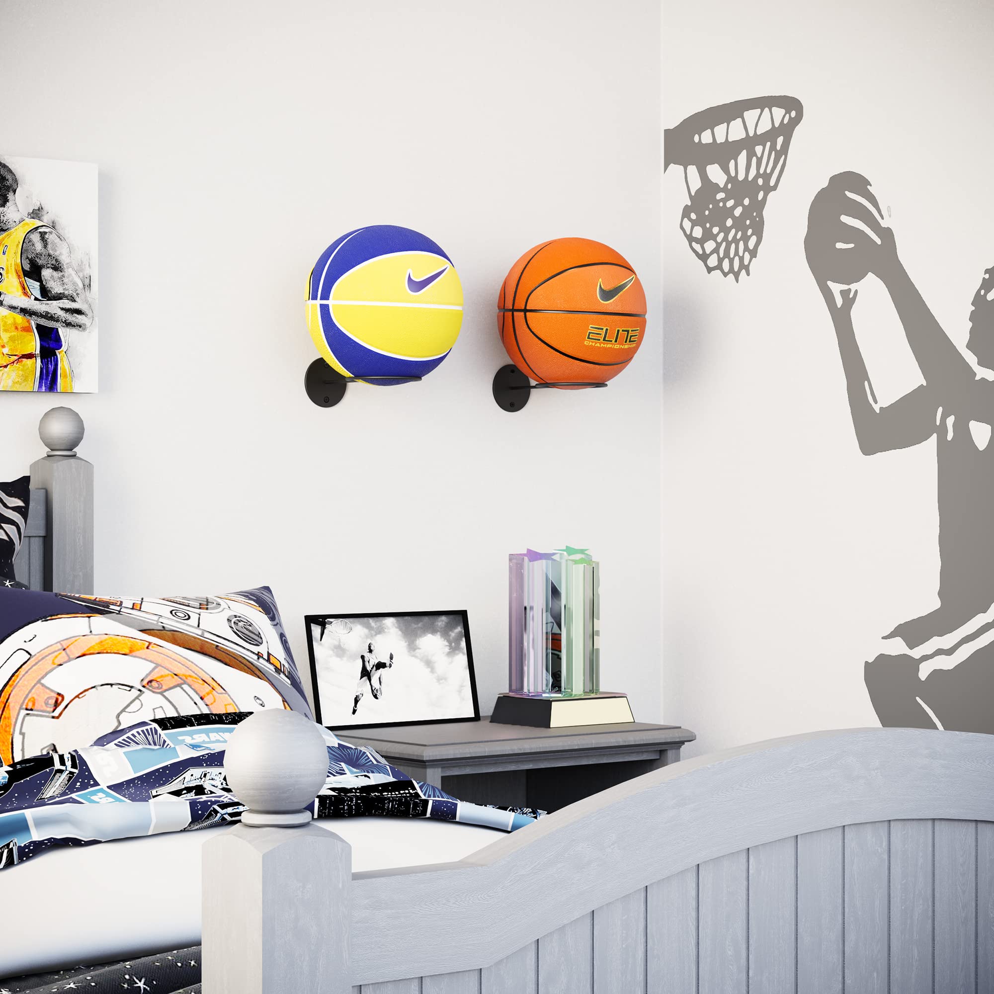 Wallniture Palla Ball Storage Rack Wall Mounted Set of 2, Soccer Ball, Volleyball, Football & Basketball Rack for Man Cave and Kids Room Decor, Display Stand for Sports Memorabilia, Black