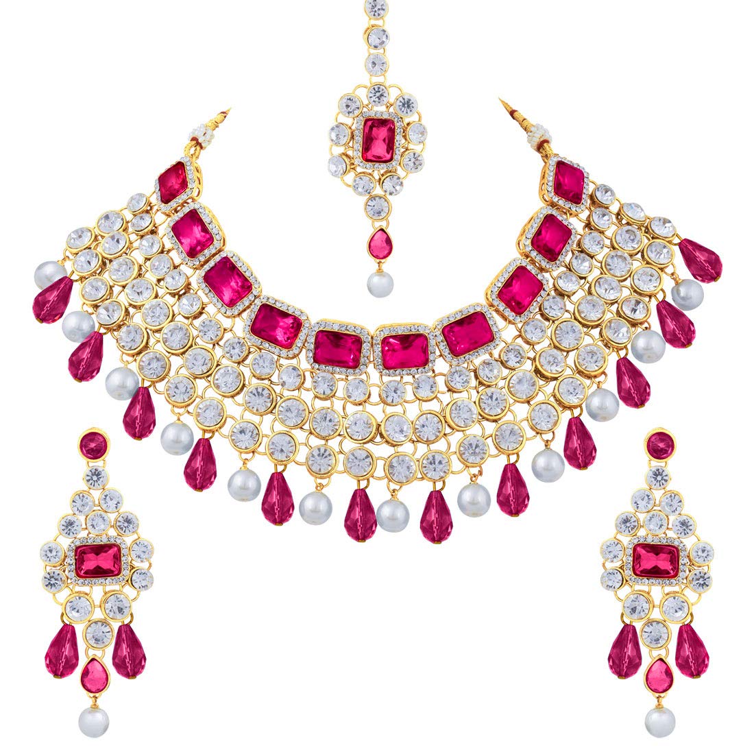 Aheli Kundan and Simulated Colored Stones Indian Ethnic Maang Tikka Necklace and Earrings Set Bollywood Festive Statement Jewelry for Women Girls