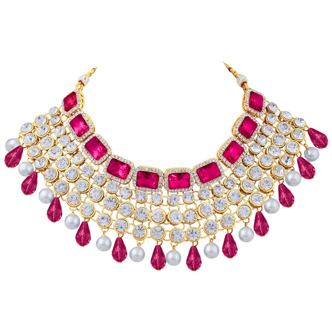 Aheli Kundan and Simulated Colored Stones Indian Ethnic Maang Tikka Necklace and Earrings Set Bollywood Festive Statement Jewelry for Women Girls