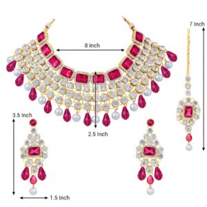 Aheli Kundan and Simulated Colored Stones Indian Ethnic Maang Tikka Necklace and Earrings Set Bollywood Festive Statement Jewelry for Women Girls