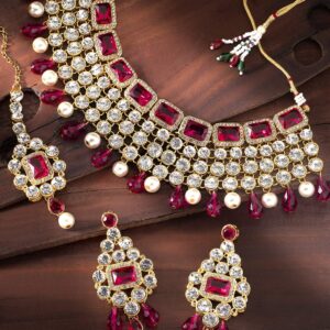 Aheli Kundan and Simulated Colored Stones Indian Ethnic Maang Tikka Necklace and Earrings Set Bollywood Festive Statement Jewelry for Women Girls