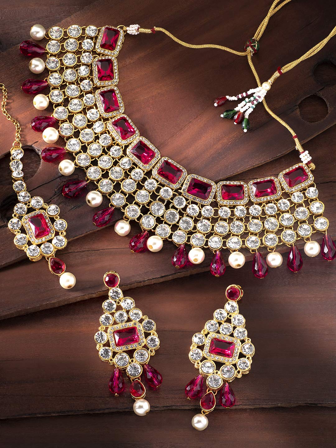 Aheli Kundan and Simulated Colored Stones Indian Ethnic Maang Tikka Necklace and Earrings Set Bollywood Festive Statement Jewelry for Women Girls