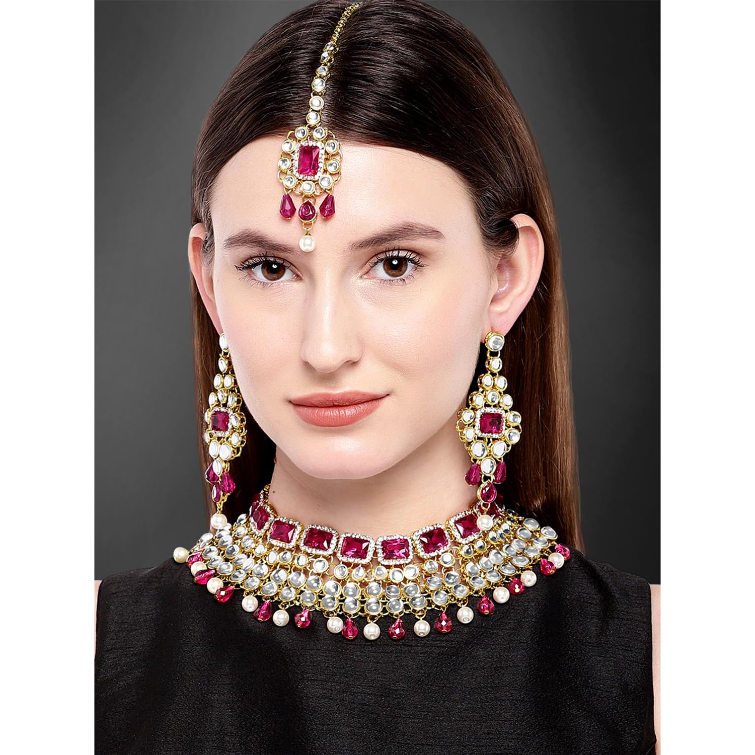 Aheli Kundan and Simulated Colored Stones Indian Ethnic Maang Tikka Necklace and Earrings Set Bollywood Festive Statement Jewelry for Women Girls