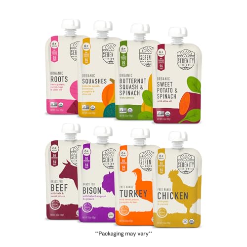 Serenity Kids 6+ Months Baby Food Pouches Puree Made With Ethically Sourced Meats & Organic Veggies | No Sugary Fruits or Added Sugar | Allergen Free | 3.5 Ounce BPA-Free Pouch | Variety Pack | 8 Count