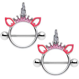 body candy 2pc 14g nipplerings piercing 316l steel pink princess unicorn nipple shield nipple ring set 14mm