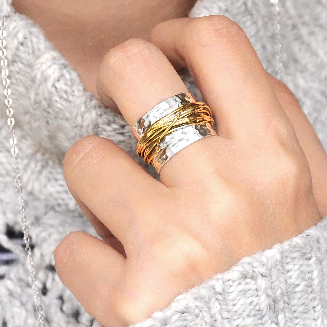 Boho-Magic 925 Sterling Silver Band Ring for Women with Brass Wrap Wide Statement Ring (11)