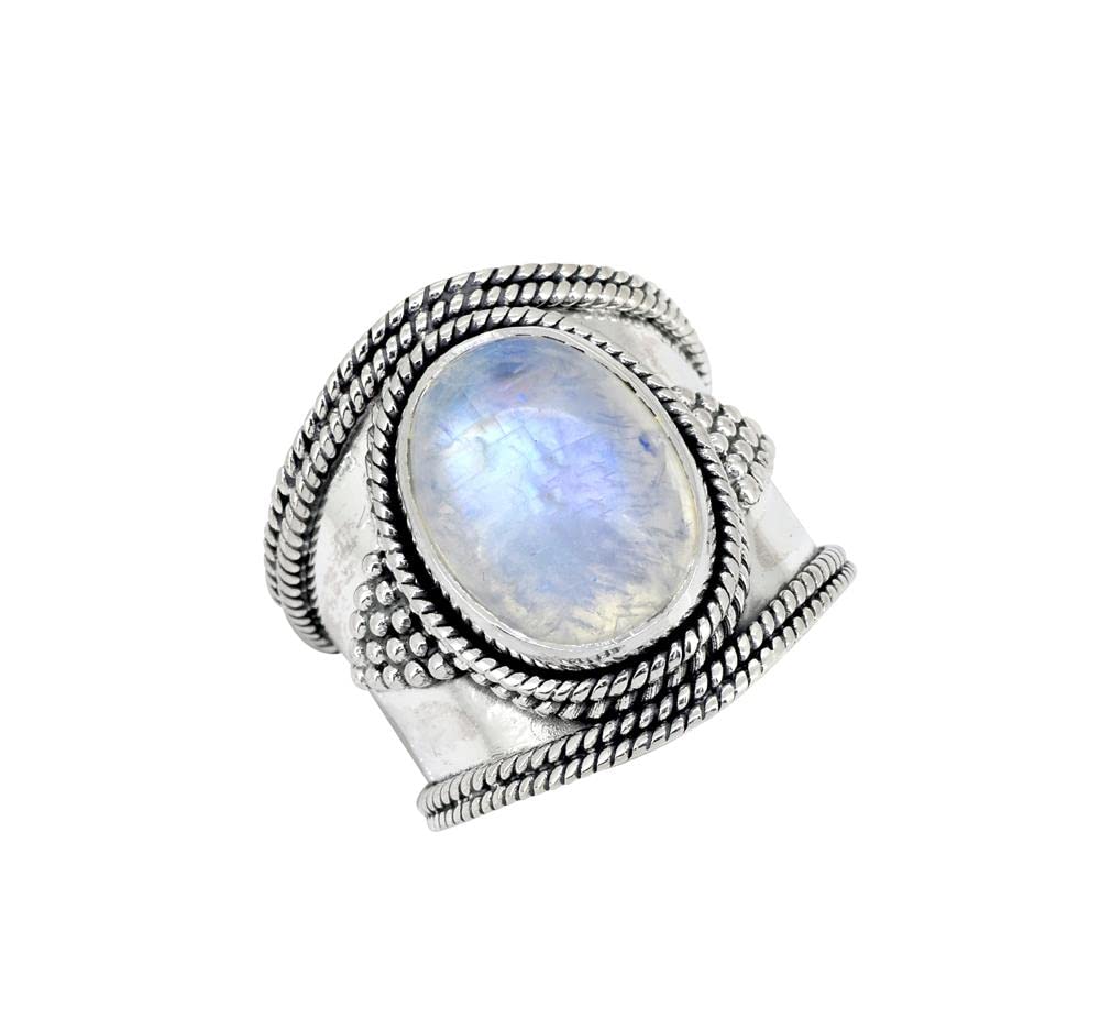 YoTreasure Moonstone Chunky Ring .925 Sterling Silver Wide Band Boho Jewelry