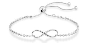 miabella 925 sterling silver or 18kt yellow gold over silver infinity adjustable bolo beaded ball chain bracelet for women, made in italy (sterling silver)