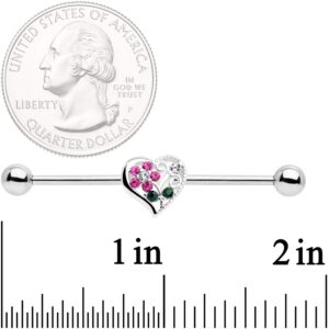 Body Candy 14G 316L Steel Helix Cartilage Earring Pink Accent Flower Heart Industrial Barbell 1 1/2"