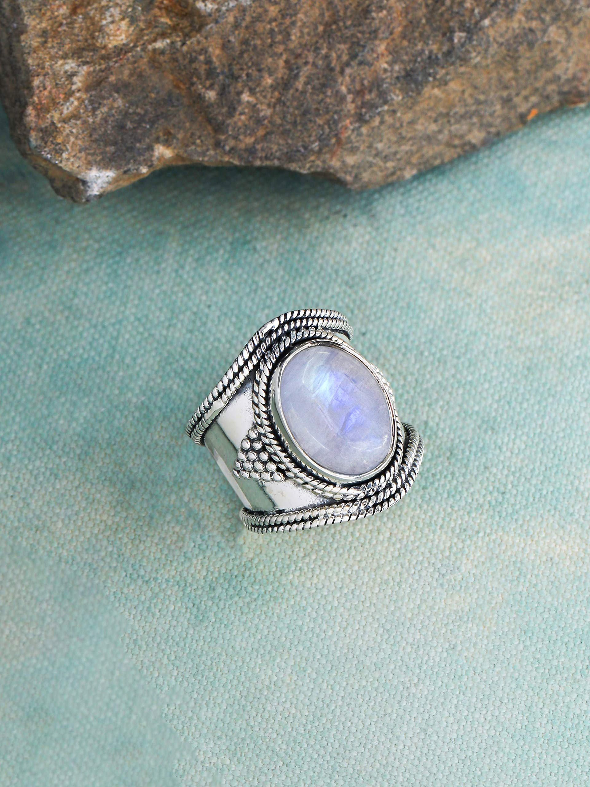 YoTreasure Moonstone Chunky Ring .925 Sterling Silver Wide Band Boho Jewelry