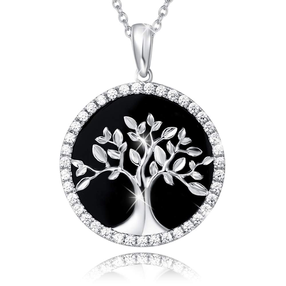 AGVANA Sterling Silver Tree of Life Necklace for Women Genuine Black Onyx CZ Dainty Family Tree Pendant Anniversary Jewelry Birthday Gifts for Women Mom Grandma Wife Daughter