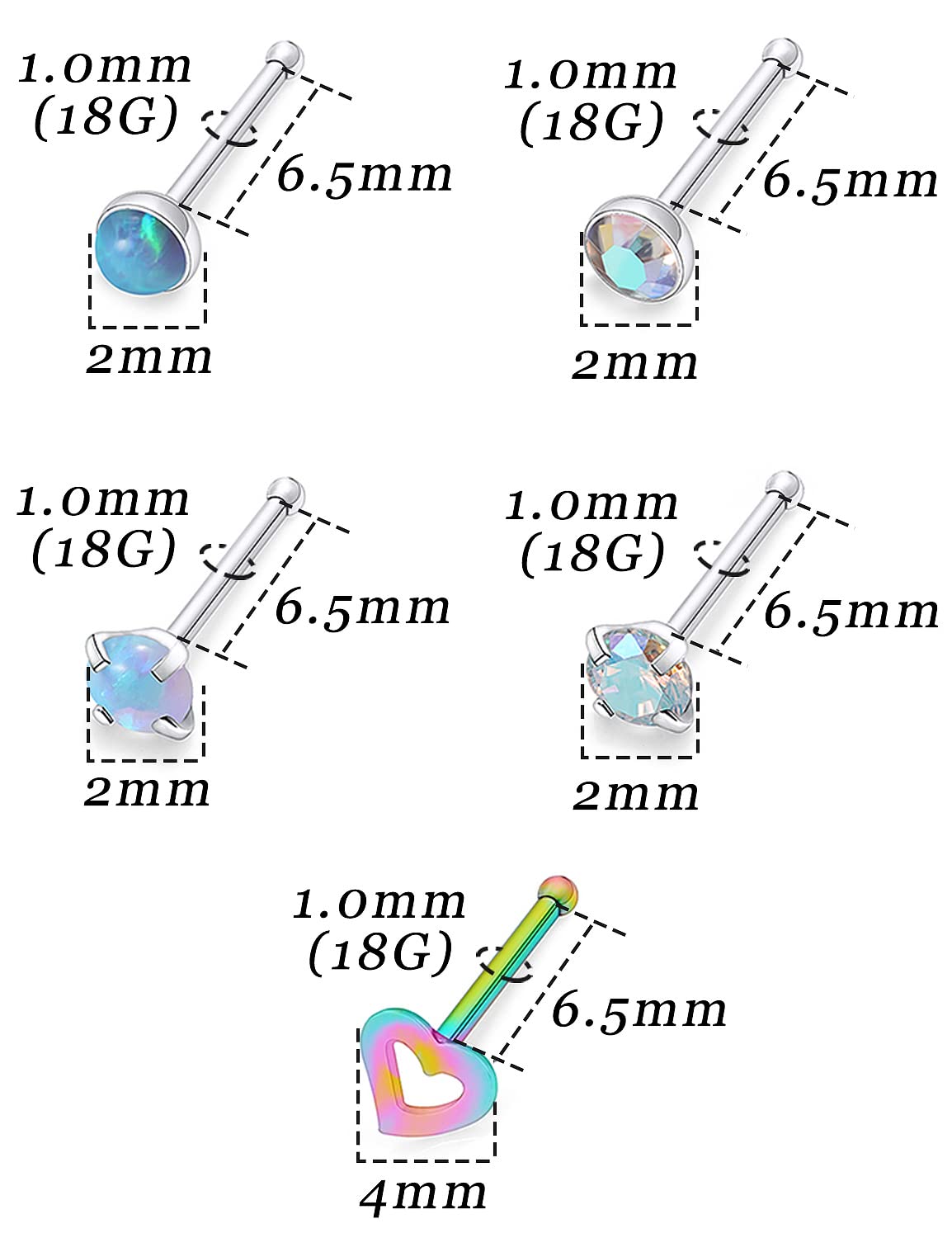 Cisyozi 18G Nose Rings Stud Piercings Jewelry for Women Stainless Surgical Steel Nose Stud 18 Gauge Opal Straight Heart Nose Nostril Ring Stud Pin Bone Piercing Jewelry Women Men Diamond 2MM 7MM