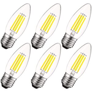 luxrite 5w vintage e26 candelabra led bulb 60w equivalent, 550 lumens, 5000k bright white dimmable, medium base candelabra bulb, torpedo tip clear glass, edison filament light bulb, ul listed (6 pack)