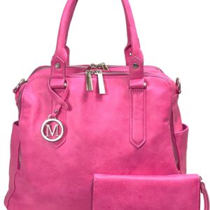 Zzfab Leatherette Triple Compartments Satchel Purse and Wallet Set (Hot Pink)