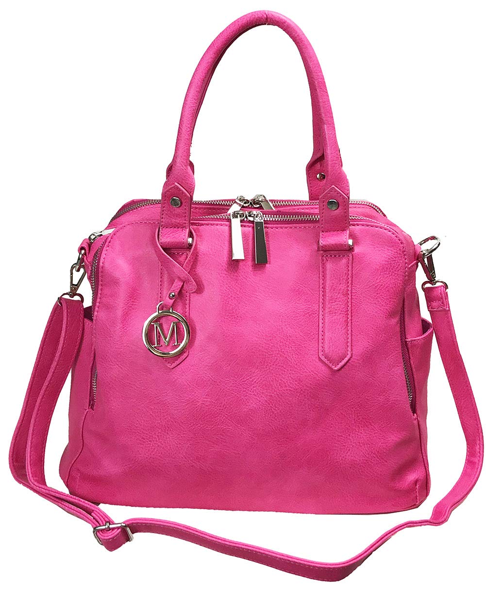 Zzfab Leatherette Triple Compartments Satchel Purse and Wallet Set (Hot Pink)