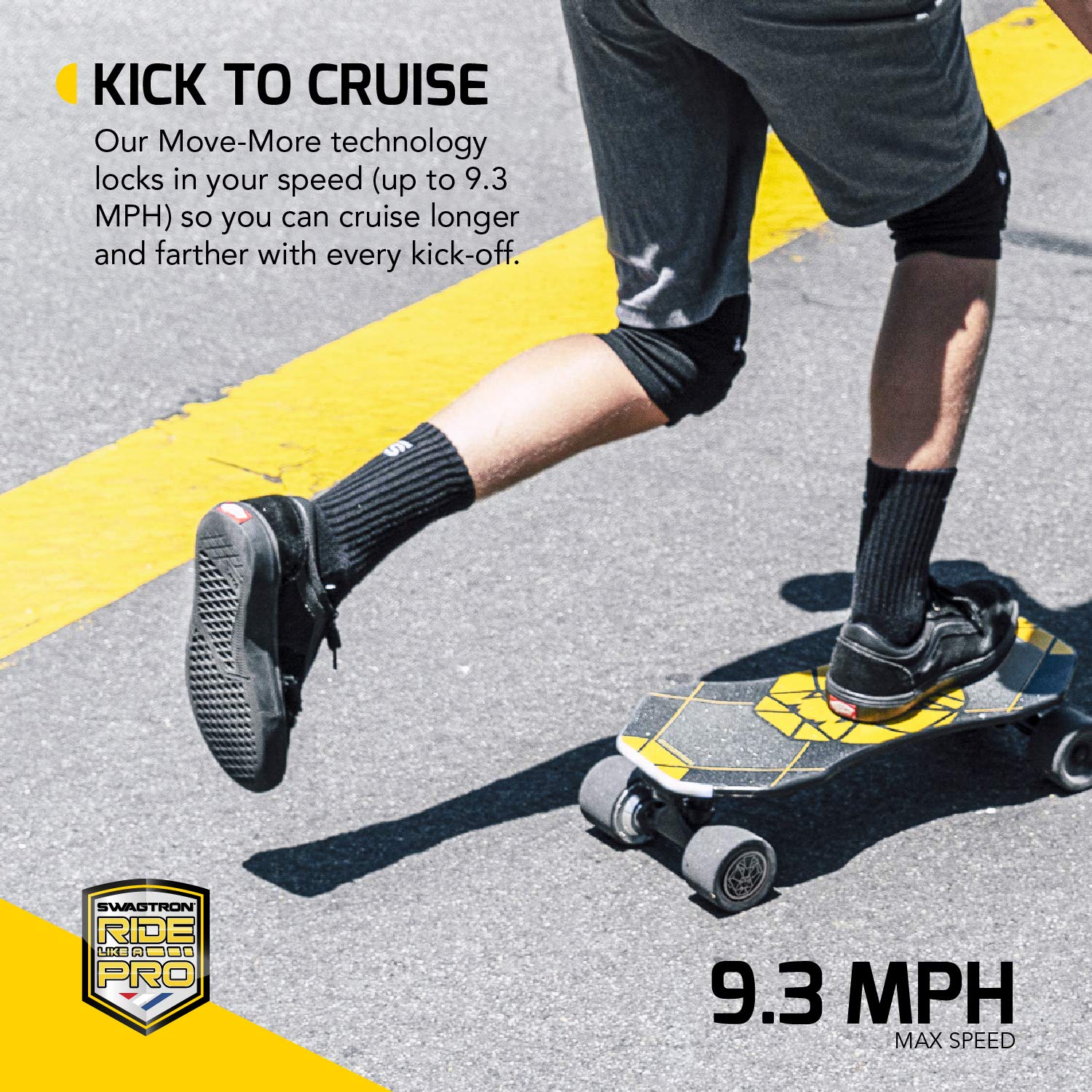 Swagtron NG-3 Swagskate Electric Skateboard for Kids & Teens with Kick-Assist, A.I. Smart Sensors, Move-More/Endless Mode, 9” Deck, Black, 72mm Wheels