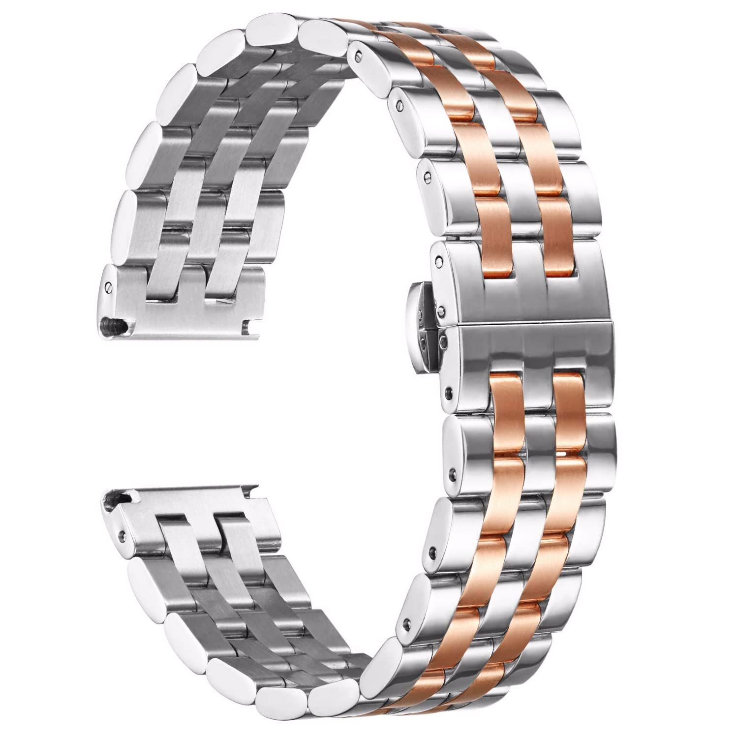 BINLUN Stainless Steel Watch Band Replacement Metal Watch Straps for Men and Women 18mm/19mm/20mm/21mm/22mm/24mm with Curved and Straight End (Silver Rose Gold, 19mm)