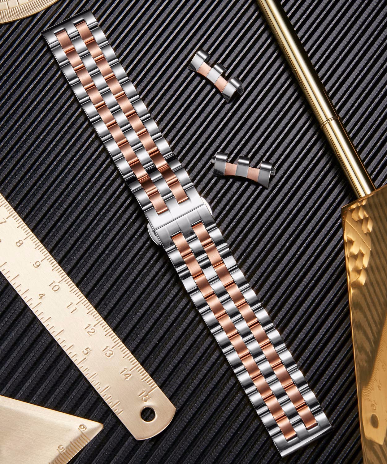 BINLUN Stainless Steel Watch Band Replacement Metal Watch Straps for Men and Women 18mm/19mm/20mm/21mm/22mm/24mm with Curved and Straight End (Silver Rose Gold, 19mm)