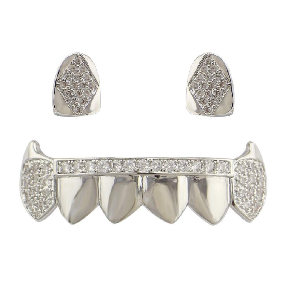 OOCC 18K Gold Plated Hip Hop Teeth Grillz Caps Iced Out CZ 2 pc Single Top 6 Bottom Vampire Fangs Grillz with Diamonds for Your Teeth (Silvery)