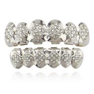 oocc 18k gold plated iced out grills with diamond hip hop teeth grillz caps top and bottom set for your teeth (silver)