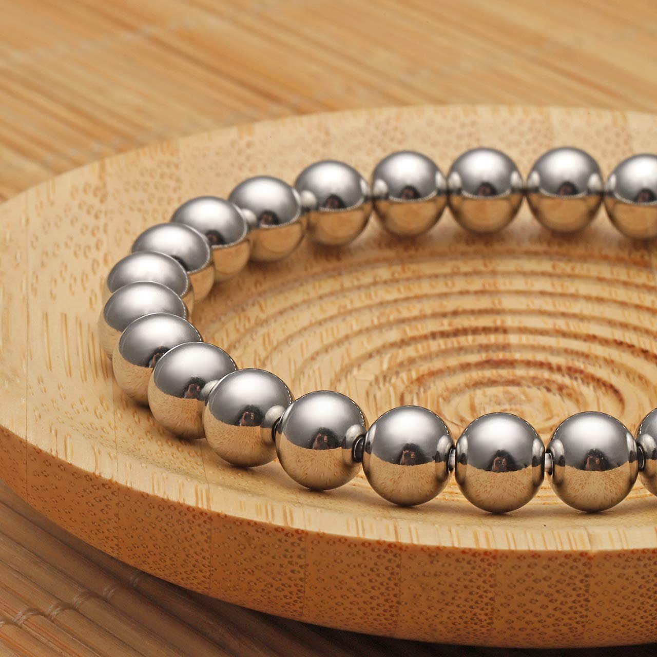 Jovivi Mens Womens Stainless Steel 8mm Silver Round Ball Beads Beaded Elastic Bracelet 7.5"