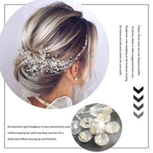 Catery Flower Bride Wedding Headband Silver Crystal Pearl Hair Vine Braid Headpiece Bridal Hair Accessories for Women (Silver)