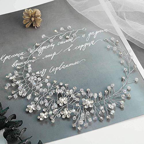 Catery Flower Bride Wedding Headband Silver Crystal Pearl Hair Vine Braid Headpiece Bridal Hair Accessories for Women (Silver)