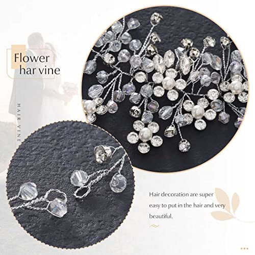 Catery Flower Bride Wedding Headband Silver Crystal Pearl Hair Vine Braid Headpiece Bridal Hair Accessories for Women (Silver)