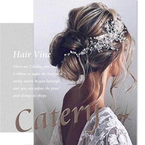 Catery Flower Bride Wedding Headband Silver Crystal Pearl Hair Vine Braid Headpiece Bridal Hair Accessories for Women (Silver)