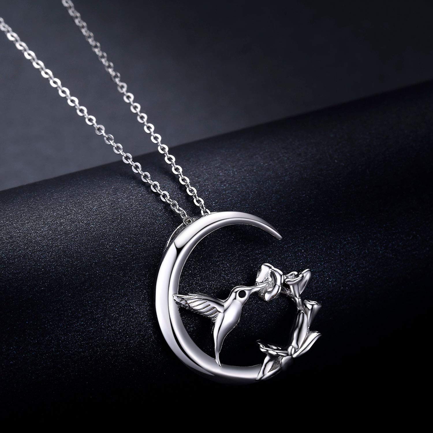 Hummingbird Necklace S925 Sterling Silver Jewelry Hummingbirds Gift for Women(Moon)