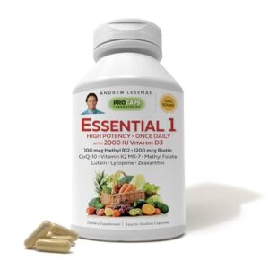 andrew lessman essential-1 multivitamin 2000 iu vitamin d3 180 small capsules – 100 mcg methyl b12. coq10 lutein lycopene zeaxanthin. high potency. no additives. gentle ultra-mild. one daily capsule