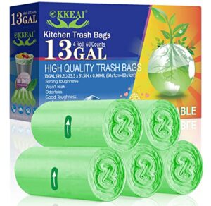 okkeai large garbage bags 13 gallon tall kitchen green trash bags 49 liter bin liners for lawn yard,home,office,60 counts (fits 10-15 gallon bins)