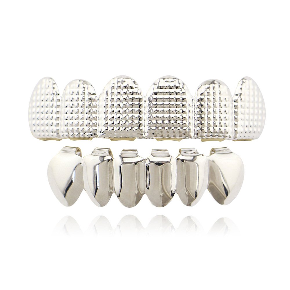 OOCC 18k Gold Plated Grills Hip Hop Teeth Grillz Caps Top and Bottom Set for Your Teeth (Silver)