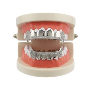 OOCC 18K Gold Plated Hip Hop Teeth Grillz Caps Iced Out CZ Top and Bottom Vampire Fangs Grillz with Diamonds for Your Teeth (Silver)