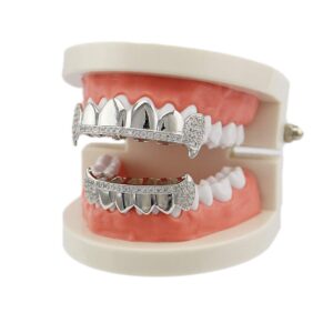 OOCC 18K Gold Plated Hip Hop Teeth Grillz Caps Iced Out CZ Top and Bottom Vampire Fangs Grillz with Diamonds for Your Teeth (Silver)