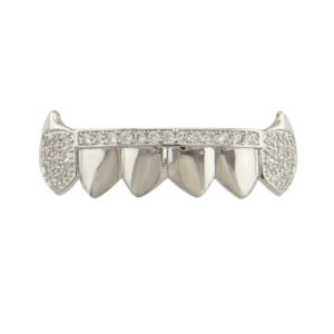 OOCC 18K Gold Plated Hip Hop Teeth Grillz Caps Iced Out CZ Top and Bottom Vampire Fangs Grillz with Diamonds for Your Teeth (Silver)