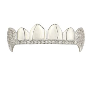 OOCC 18K Gold Plated Hip Hop Teeth Grillz Caps Iced Out CZ Top and Bottom Vampire Fangs Grillz with Diamonds for Your Teeth (Silver)