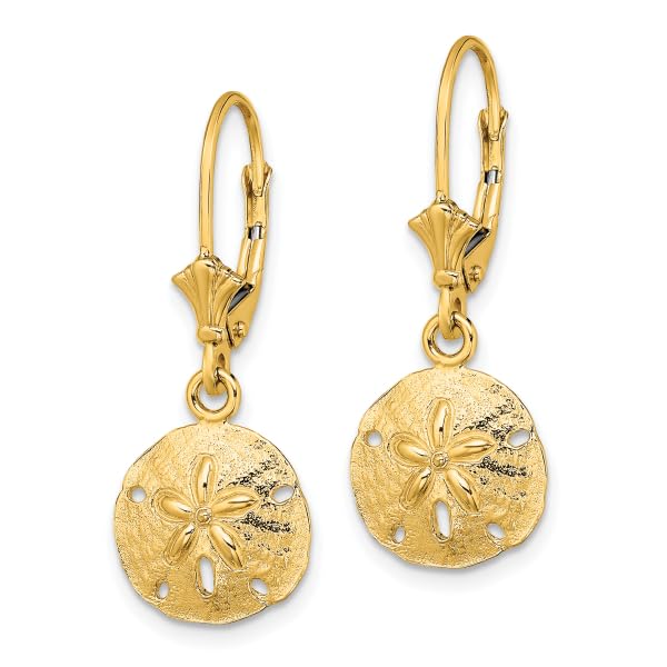 14K Yellow Gold Sand Dollar Sea Star Starfish Drop Dangle Earrings