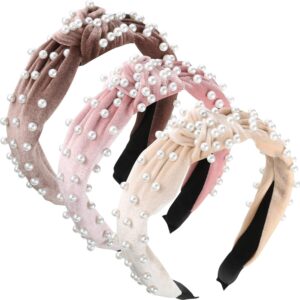 willbond 3 pieces pearls headband knotted headband for women velvet pearls headband for girl woman hair accessories