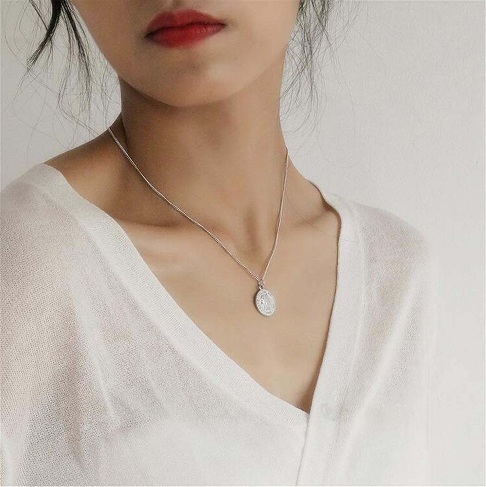 Dtja Carved Coin Pendant Necklace for Women Men 18K White Gold Plated Simple Round Chain Goddess Worship Celebrity Medal Reversible Keepsake Chic Choker Fashion Jewelry Gifts Box